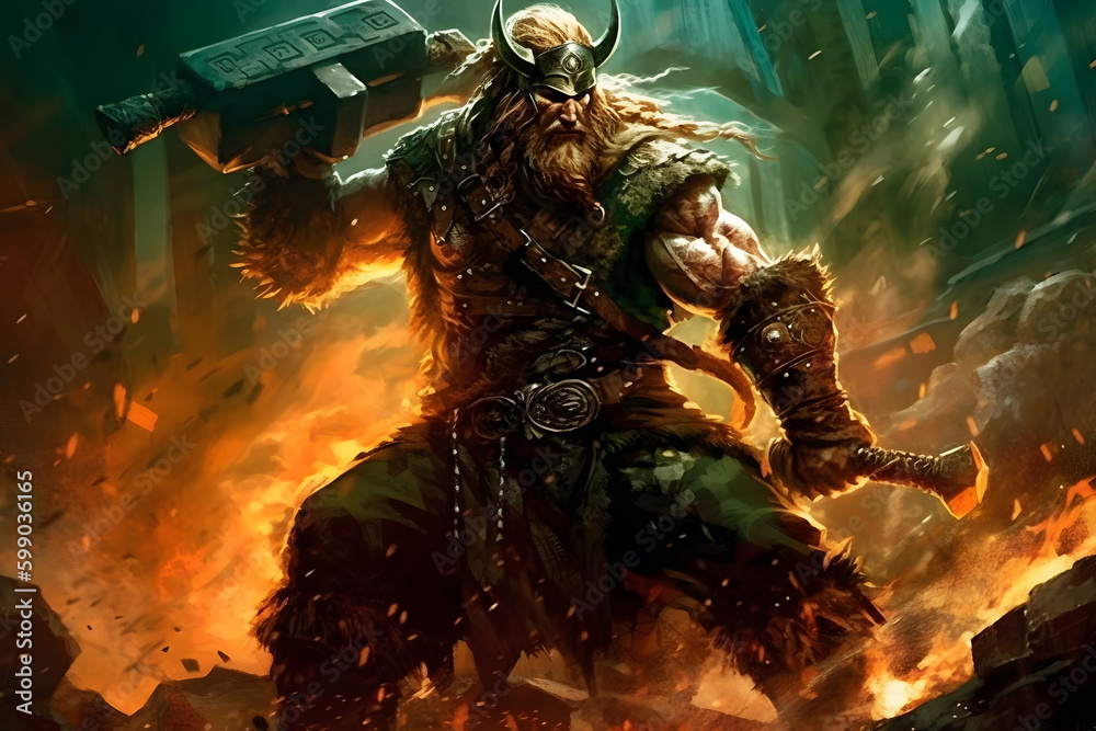 God Thor holds the hammer Mjelnir, a warrior with a sword, thunder and ...