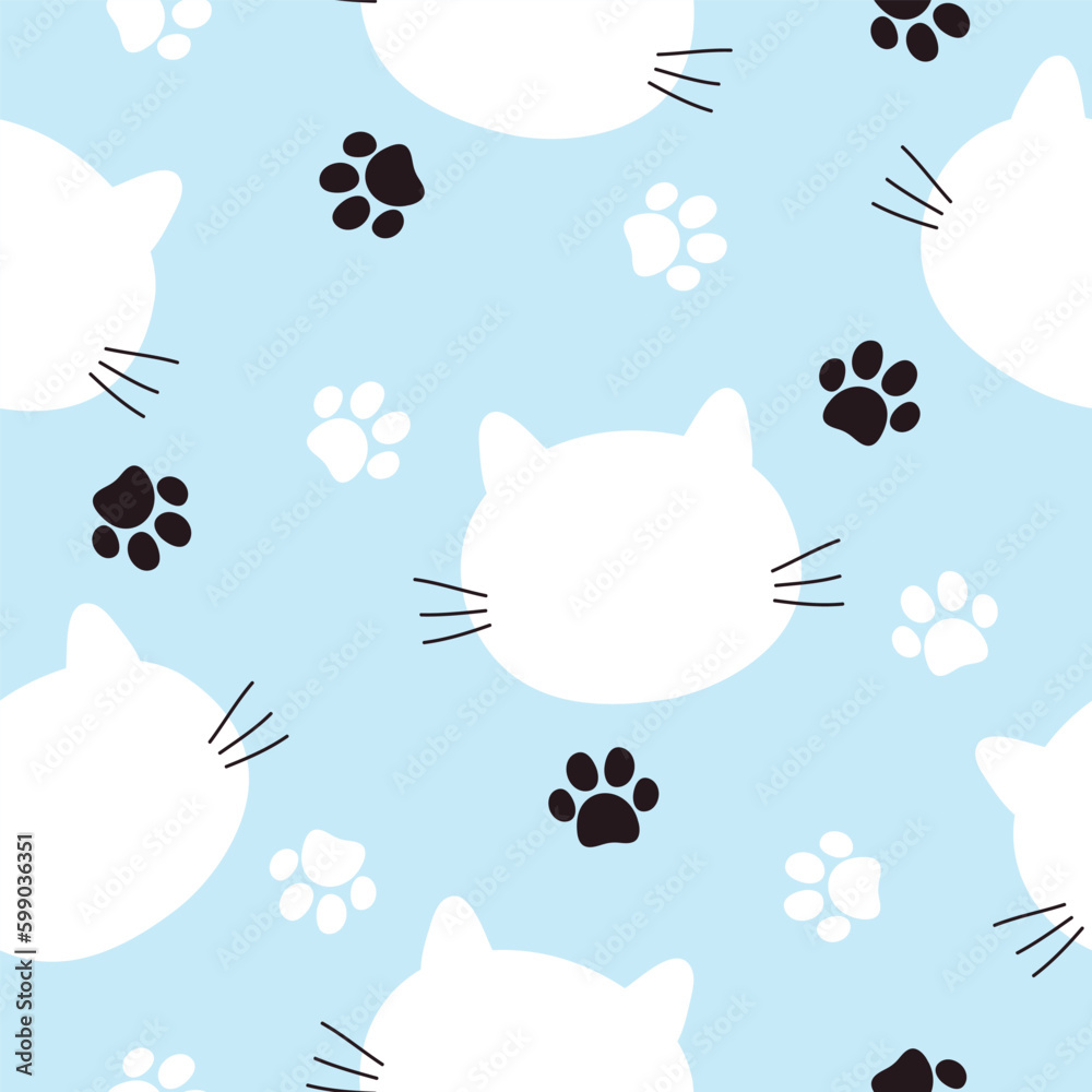 Cat seamless pattern. Vector illustration with cats heads and paws. It ...
