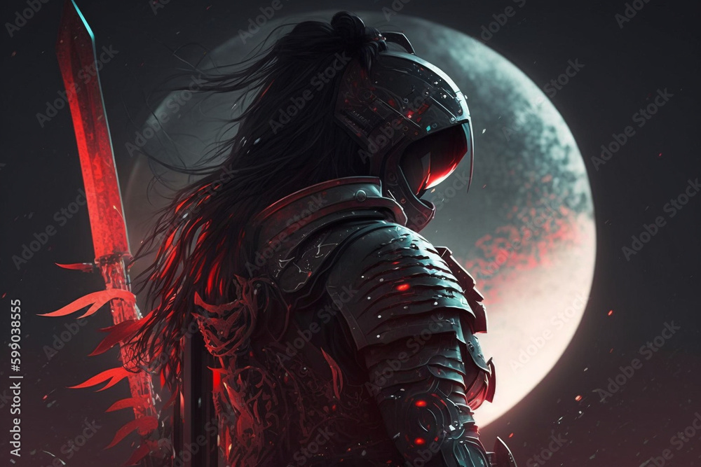 Futuristic ninja astronaut warrior female. Using a katana, on space ...