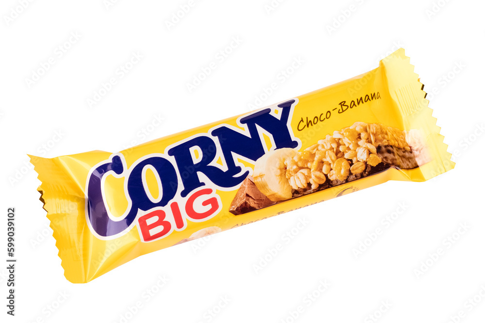 Corn bar, Corny big chocolate-banana flavor. Muesli bar on transparent ...