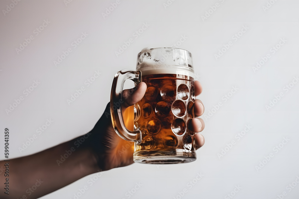 Hand holding a glass of beer on a white background. Neural network AI ...