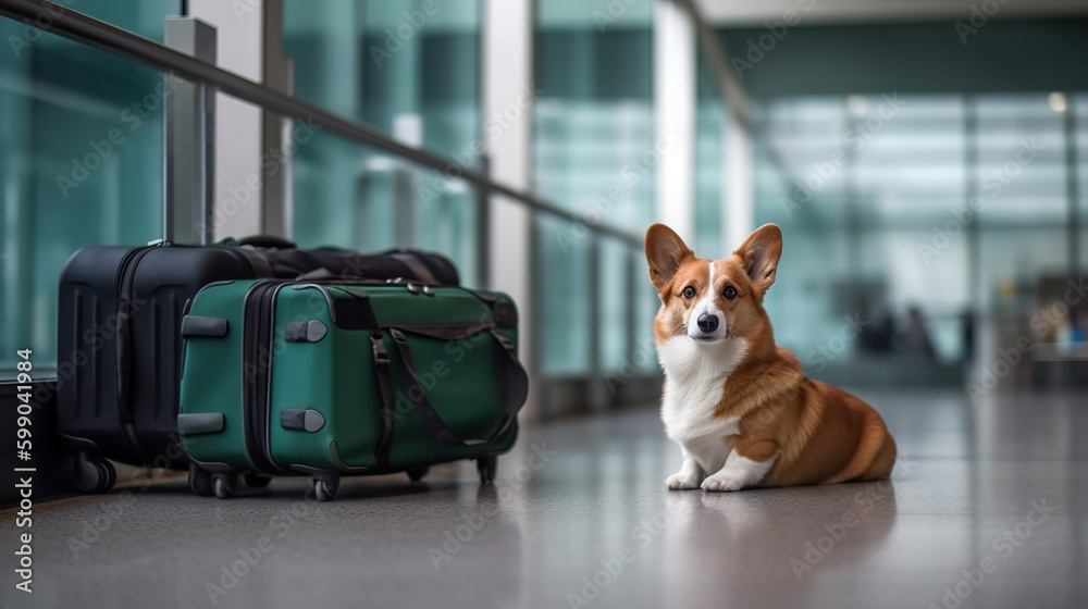 Corgi dog sits at the bus station near the luggage. Traveling with a ...