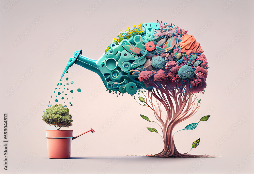 Human brain growing from a tree with flower, watering can is pouring ...