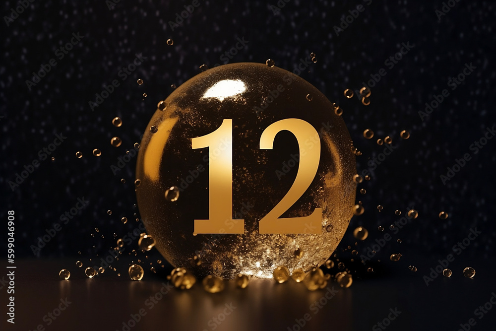 Gold Number 12 in a Clear Ice Bubble with a black background with gold ...