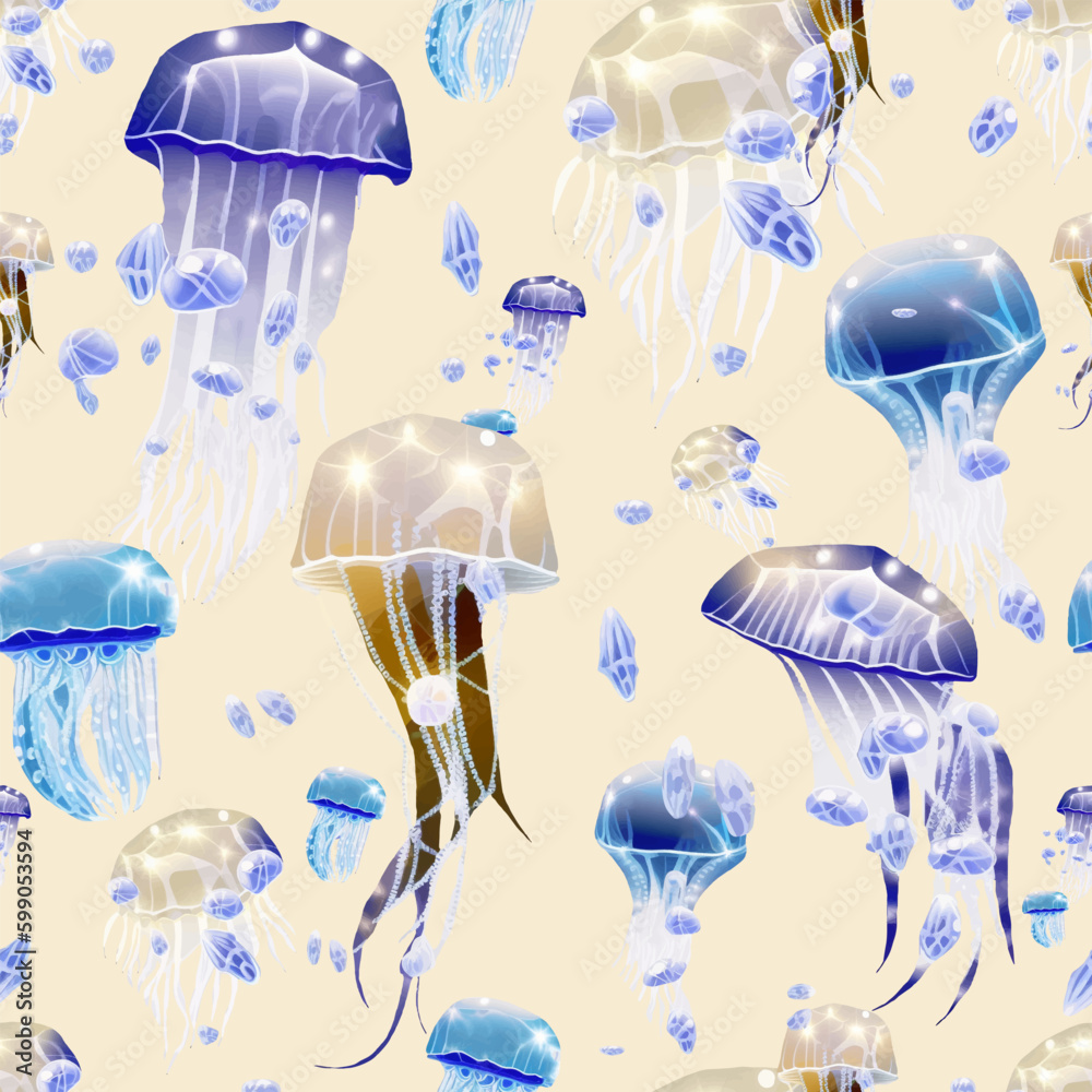Seamless pattern of watercolour jellyfish and bubbles, marine life ...