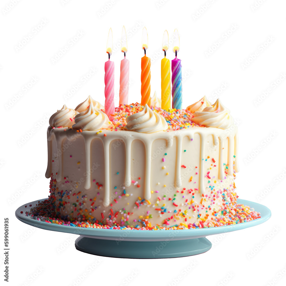 Birthday cake with lit candles on a white background. Generative AI ...