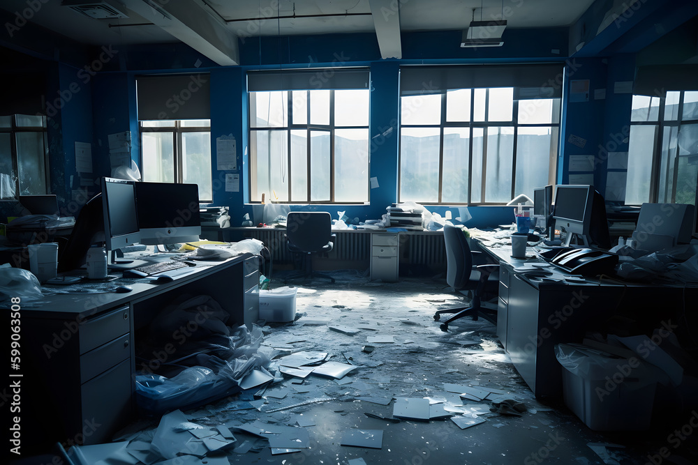 Messy abandoned office after company shut down: the desk is cluttered ...