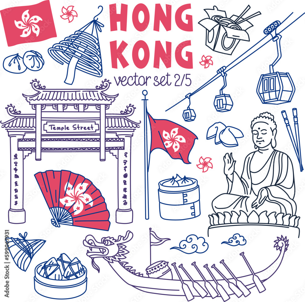 Hong Kong traditional symbols, food and landmarks. Vector drawings set ...