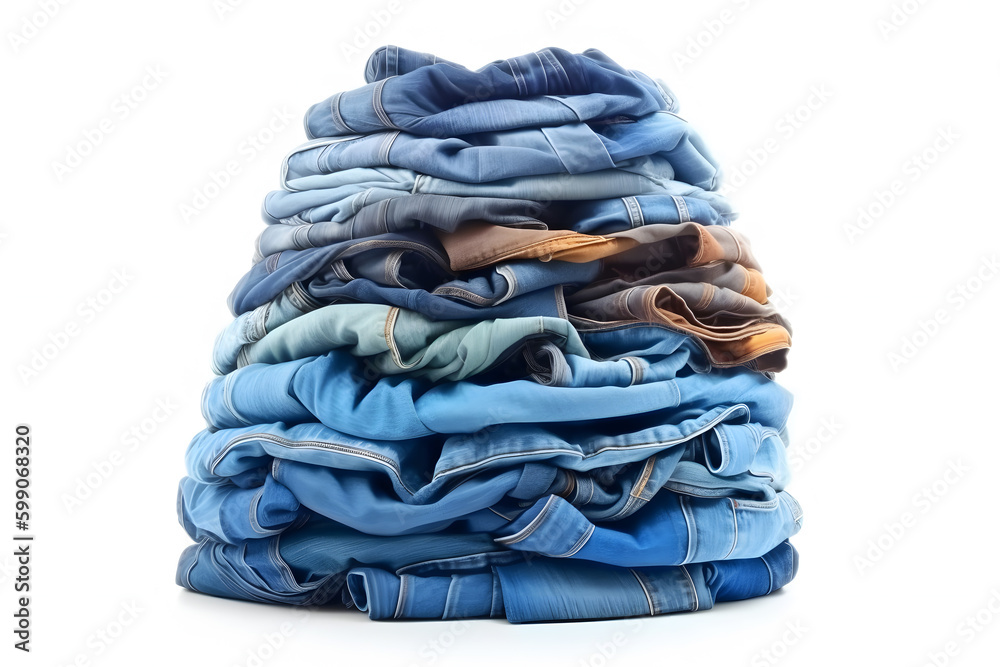 Jeans trousers stack on white background. Neural network AI generated ...