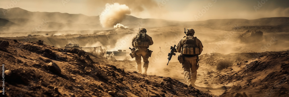 Military special forces soldiers crosses destroyed warzone through fire ...