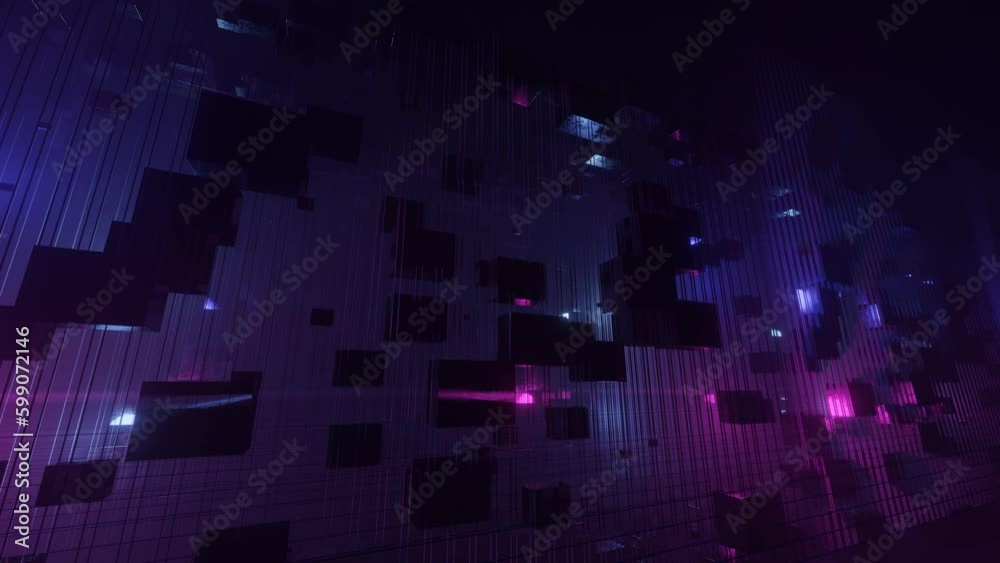 Fly through technology cyberspace with neon glow. Sci-fi flight through ...