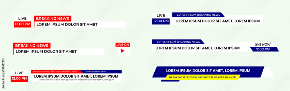 Live broadcast elements and live stream. Set of TV and bar banners for ...