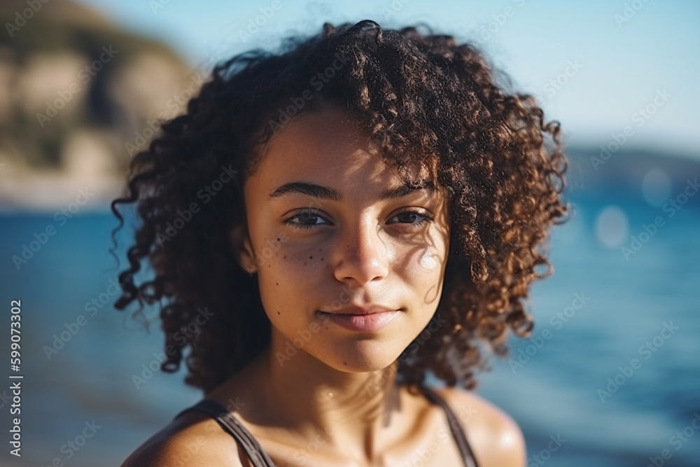 beautiful 21 years old female tanned woman on the beach with a smile ...