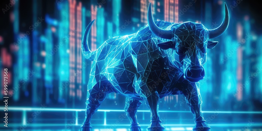 Bull and stock market graph in blue, digital technology and futuristic ...
