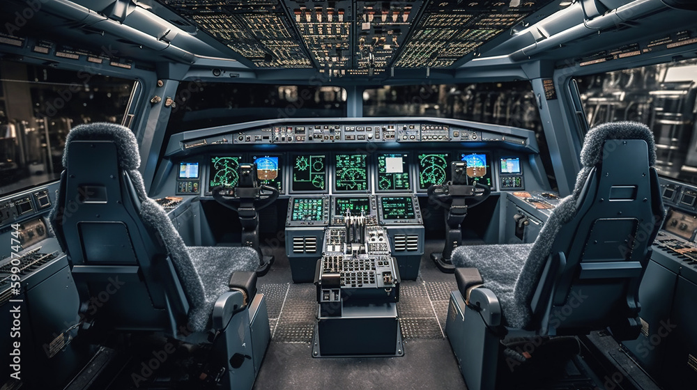 Cockpit of plane inside view, airplane flight deck at night airport ...