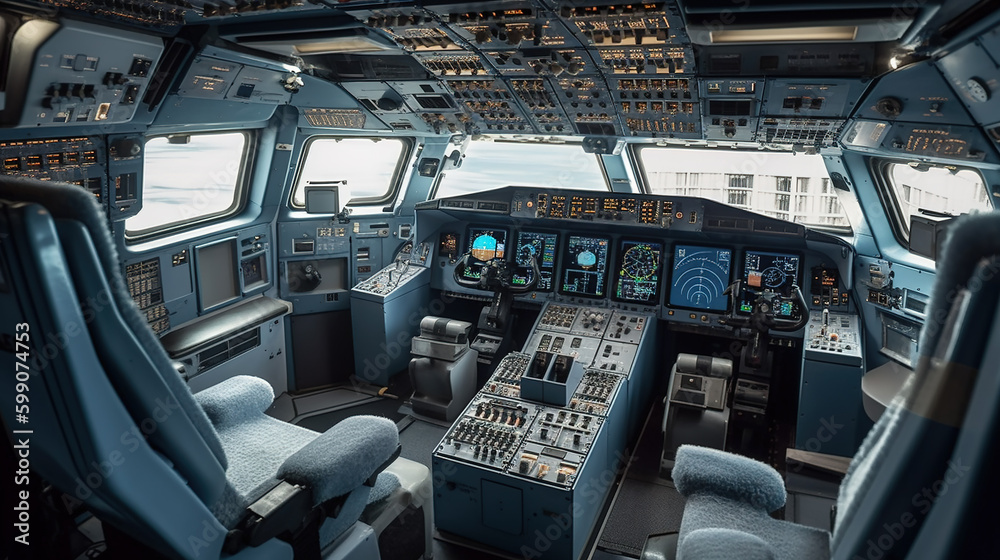 Cockpit of plane inside view, airplane flight deck at airport ...