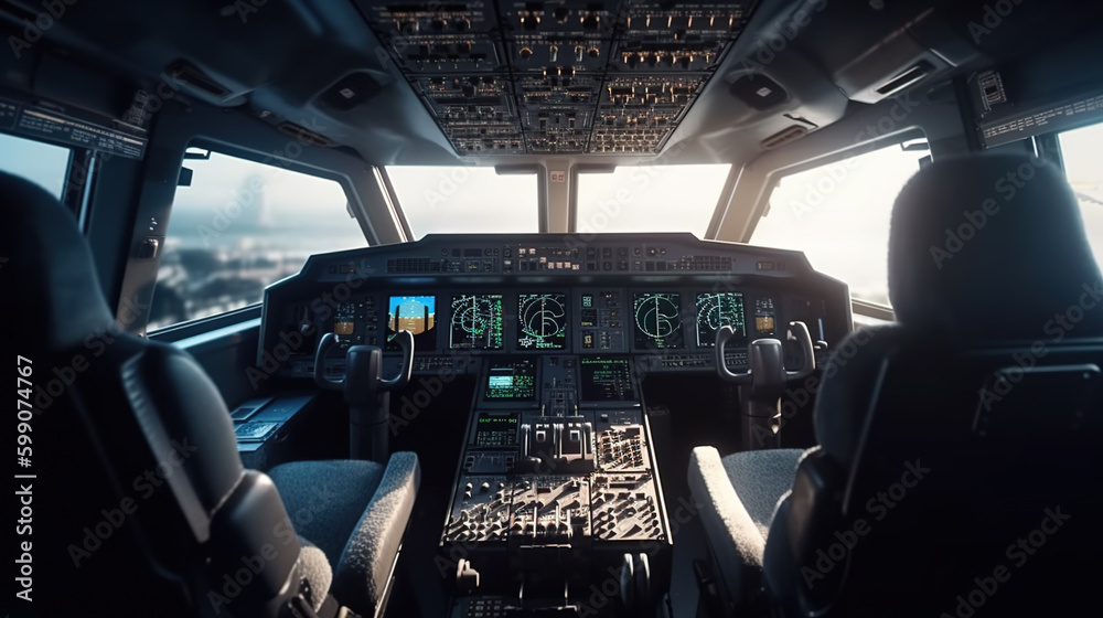 Cockpit of airplane inside view, aircraft flight deck in airport ...