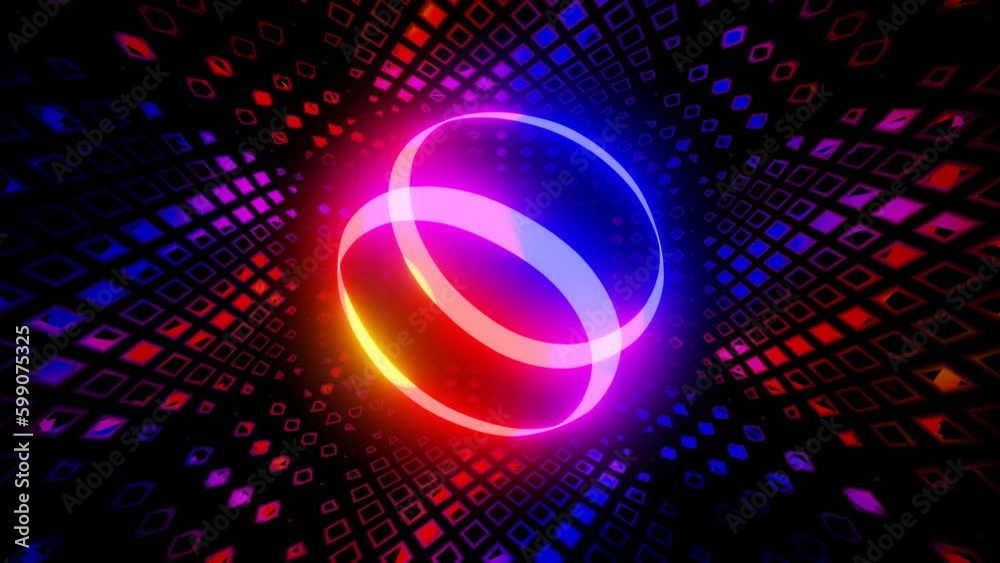 Vj loop mirror room with fly neon lines on sphere. Abstract festive bg ...