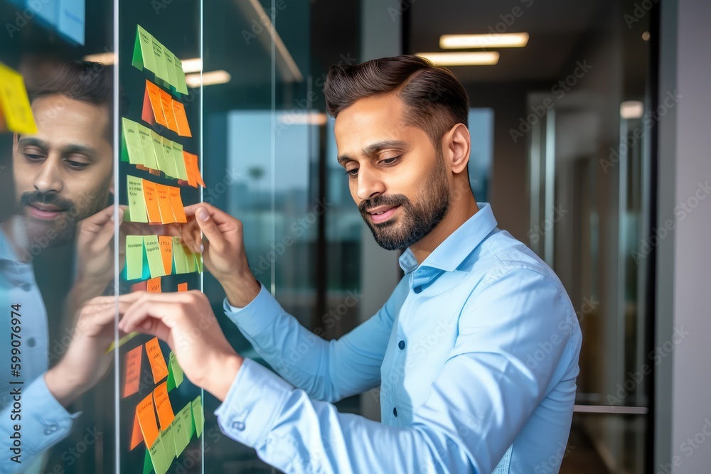 Young executive manager businessman ceo writing his strategy ideas on ...