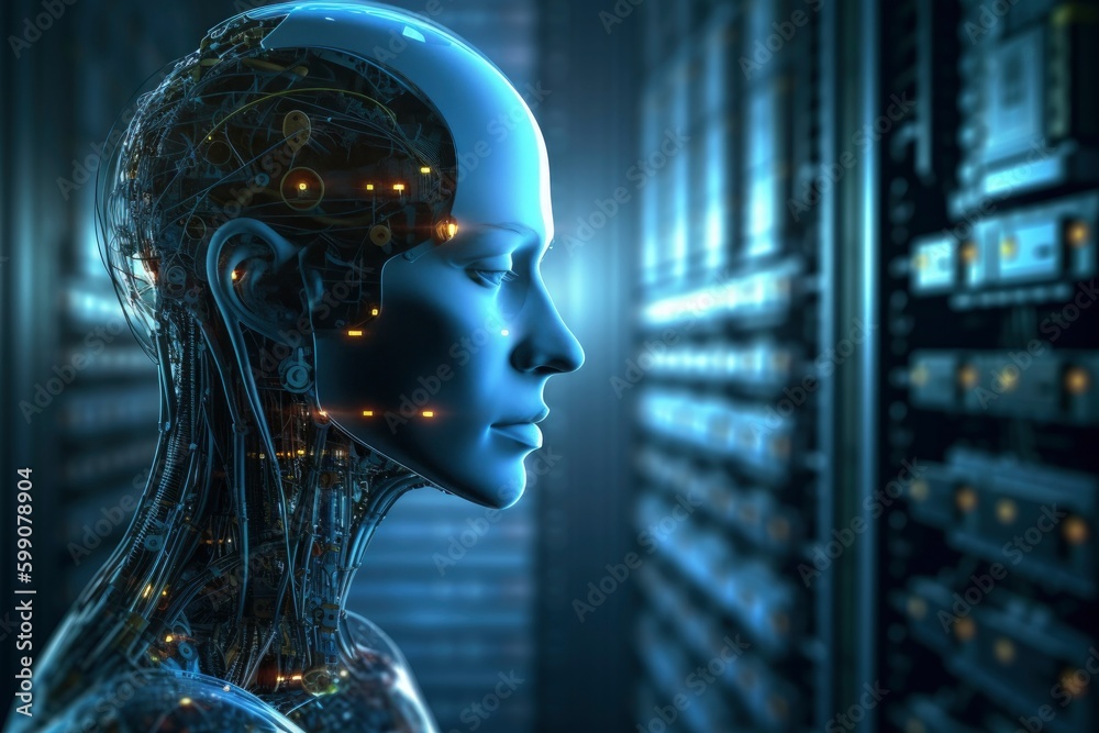 Humanoid Artificial Ai Person With Code Cyber Background Technology Synapsis Dots Digital