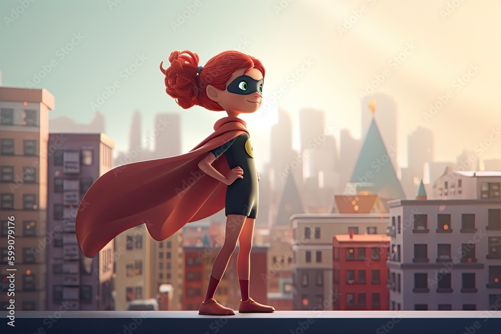 Cute Cartoon Red Haired Superhero Wearing a Cape and Mask Standing over ...