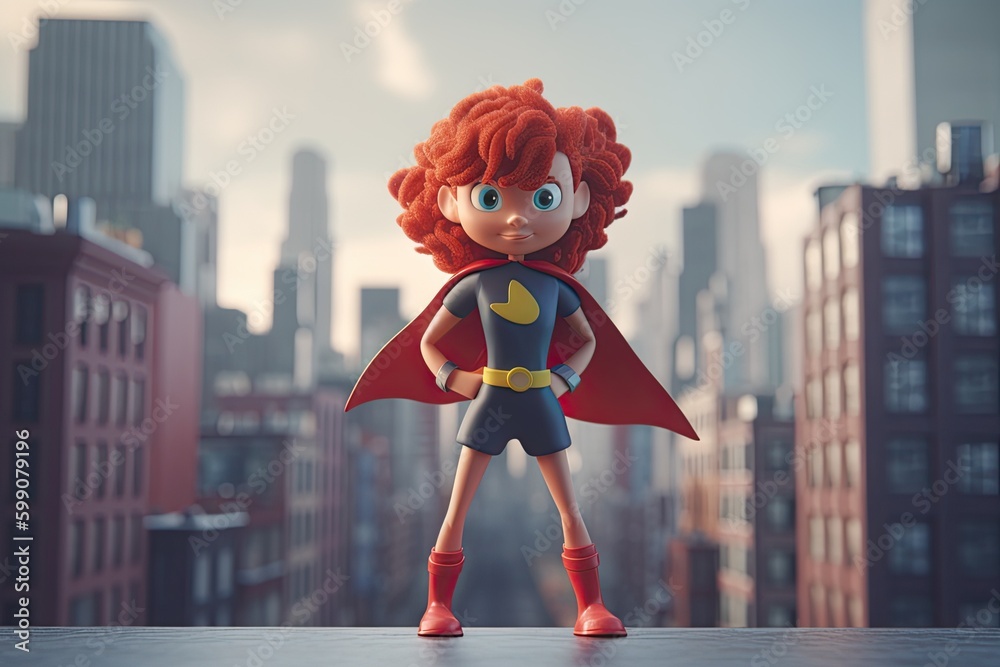 Cute Cartoon Red Haired Superhero Wearing a Cape and Mask Standing over ...