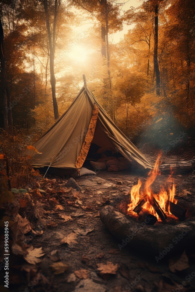 Stunning close-up photograph of a cozy campfire and tent in the fall ...