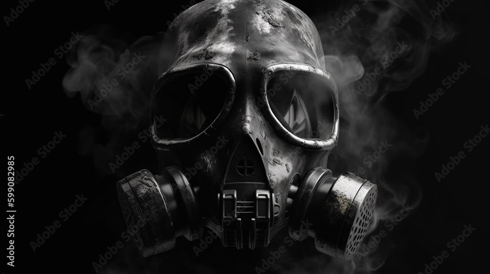 Gas mask on the background of a burning gas mask. Gas mask on the ...