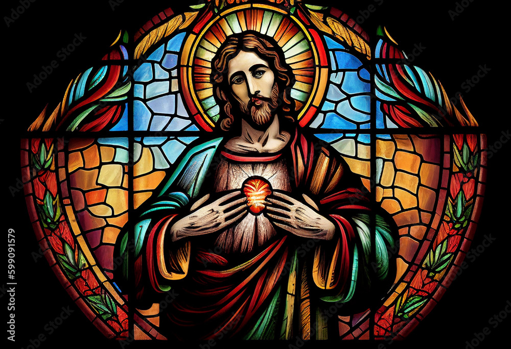 Merciful Jesus with a heart in the style of a church stained glass ...