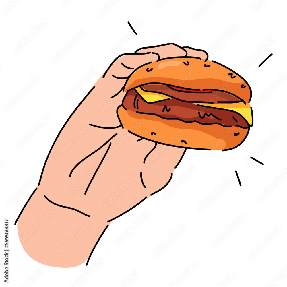 hand holding burger in line art style with color. isolated on white ...