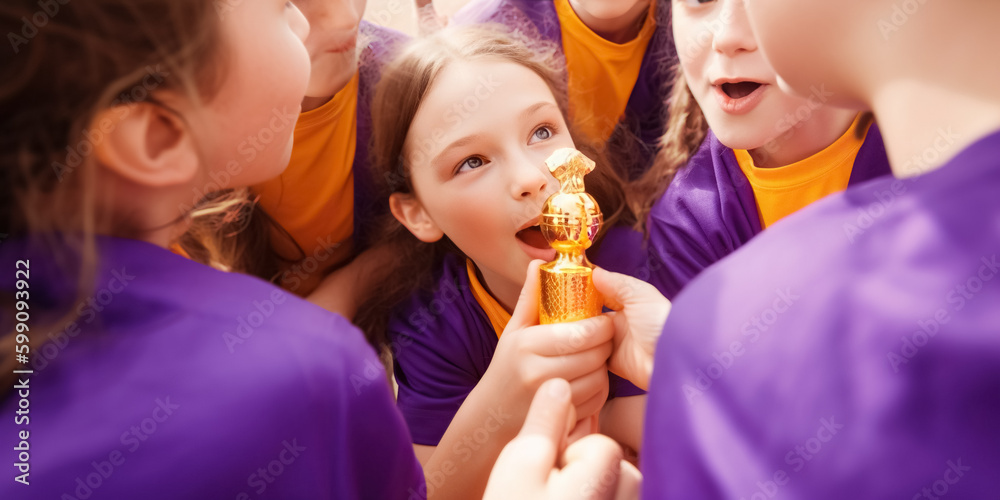 Girl with trophy celebrating victory with friends at school sports ...