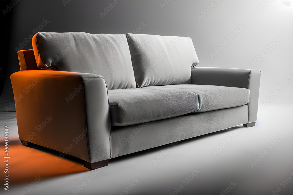 side view of a grey sofa couch with pillows in an empty room with a ...