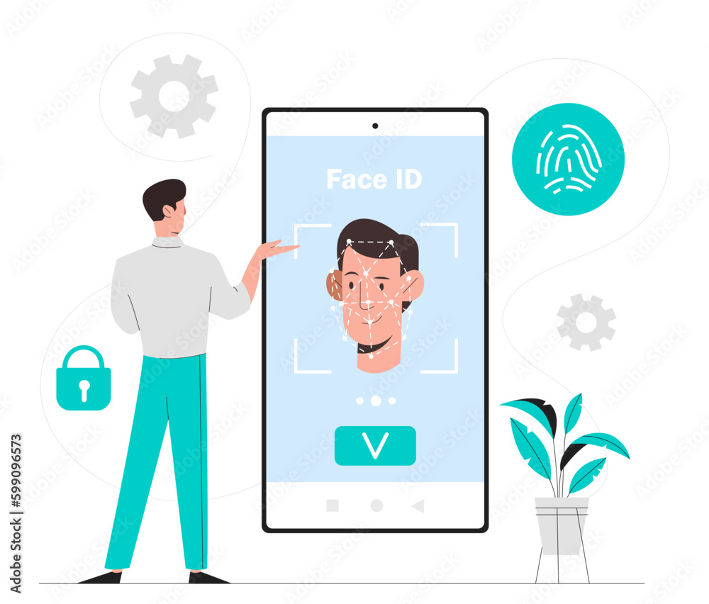 Face ID concept. Man logs in to smartphone, access to phone. Biometric ...