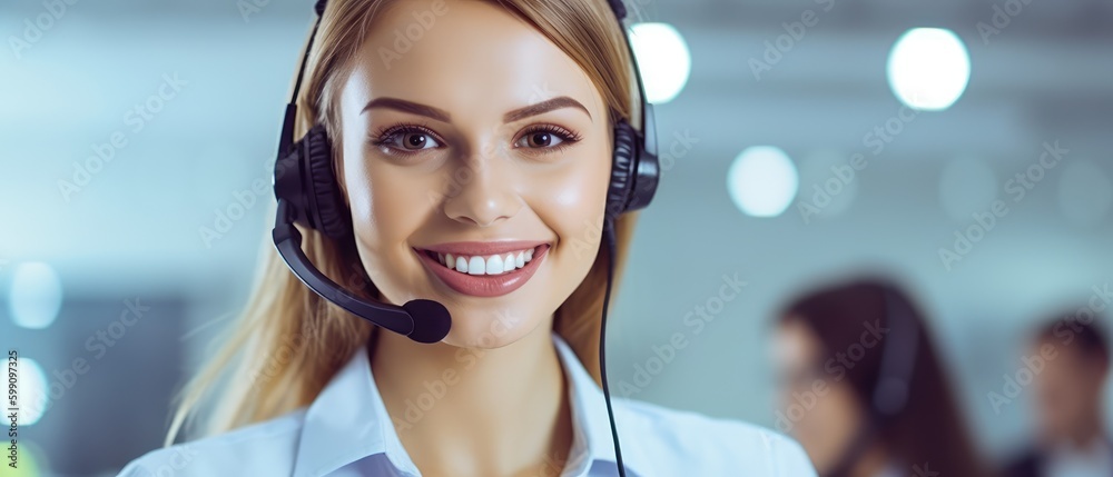 Call center, young woman and smile in contact us with CRM, headset with ...