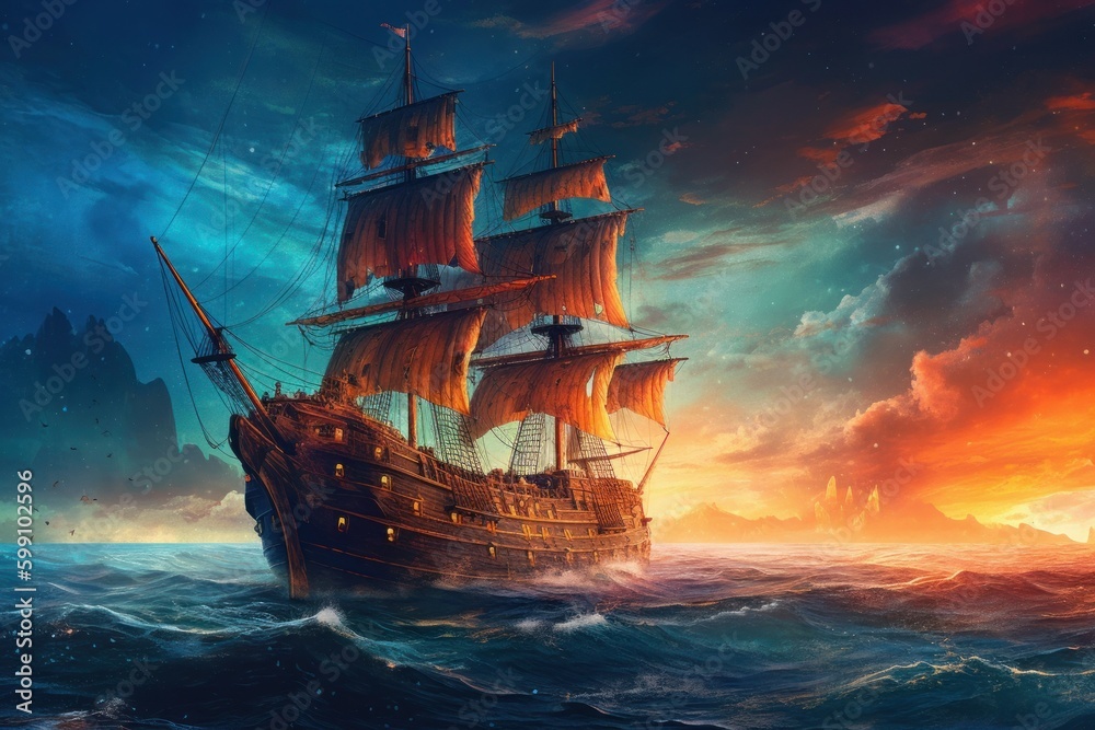 Pirate ship. Backdrop or background with copy space. AI generated ...