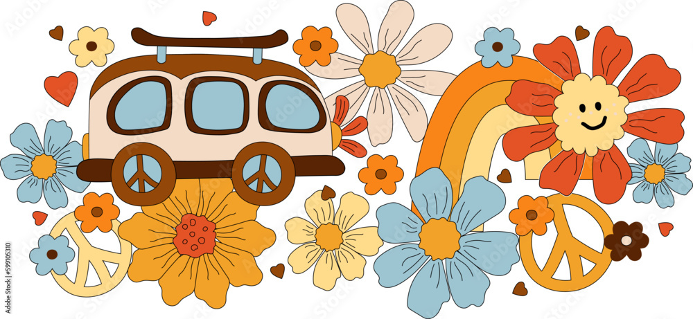 Border with retro car, daisy flowers and rainbow for groovy party ...