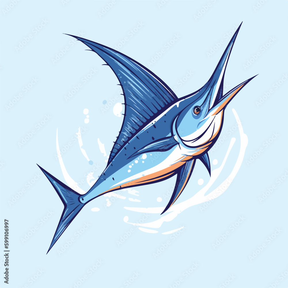 Vector illustration of blue marlin sword fish jump from water outdoor ...