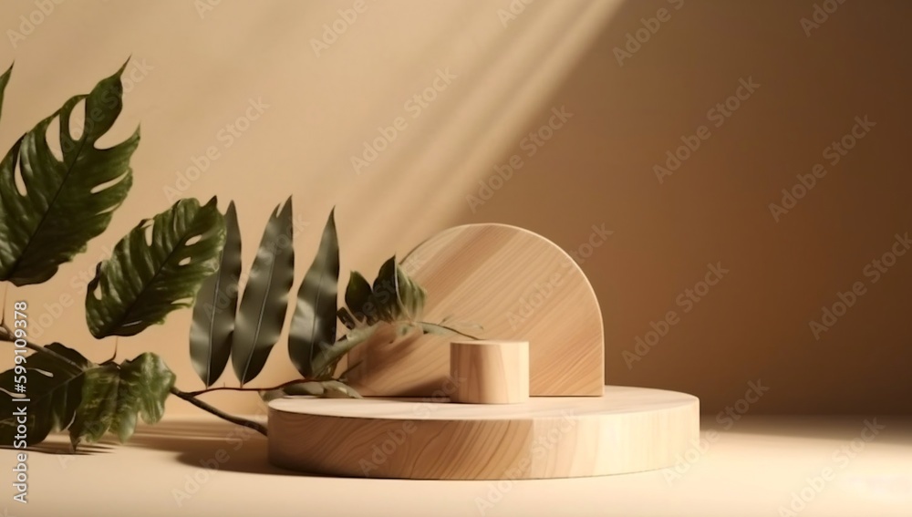 Minimal modern product display on neutral beige background. Wood slice ...