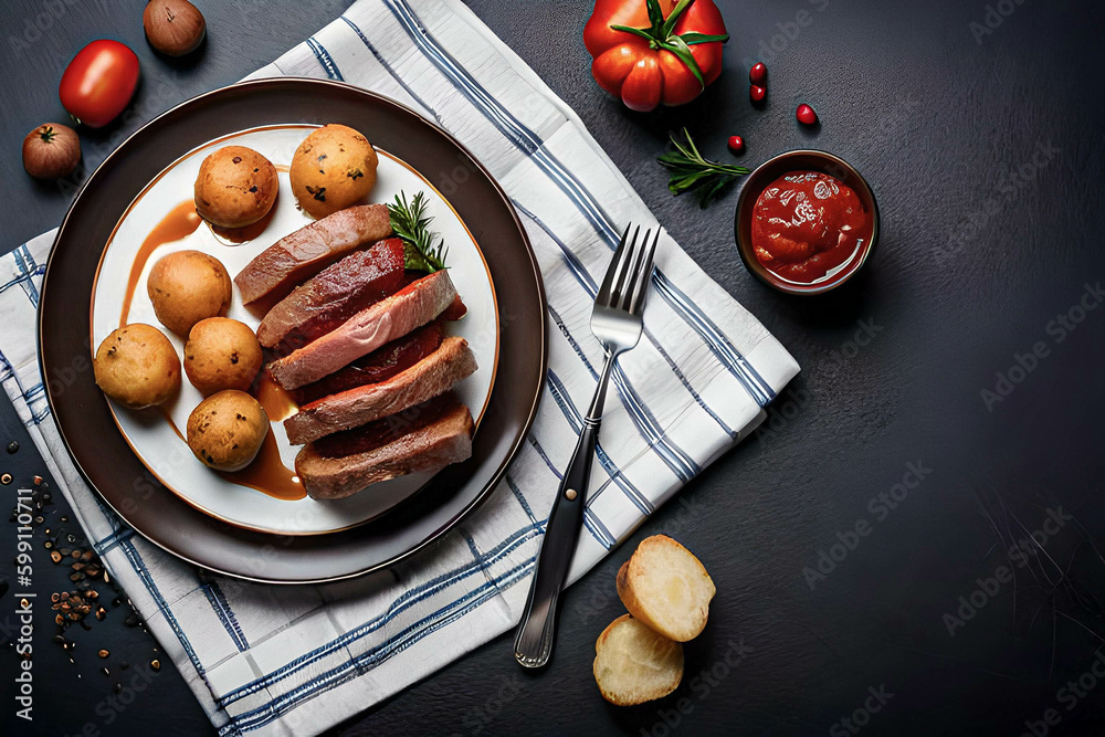 gourmet food plate restaurant product photography, baked meat with ...