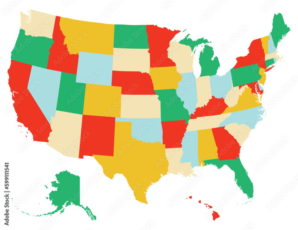 USA map with multicolor states, United States of America map. Isolated ...