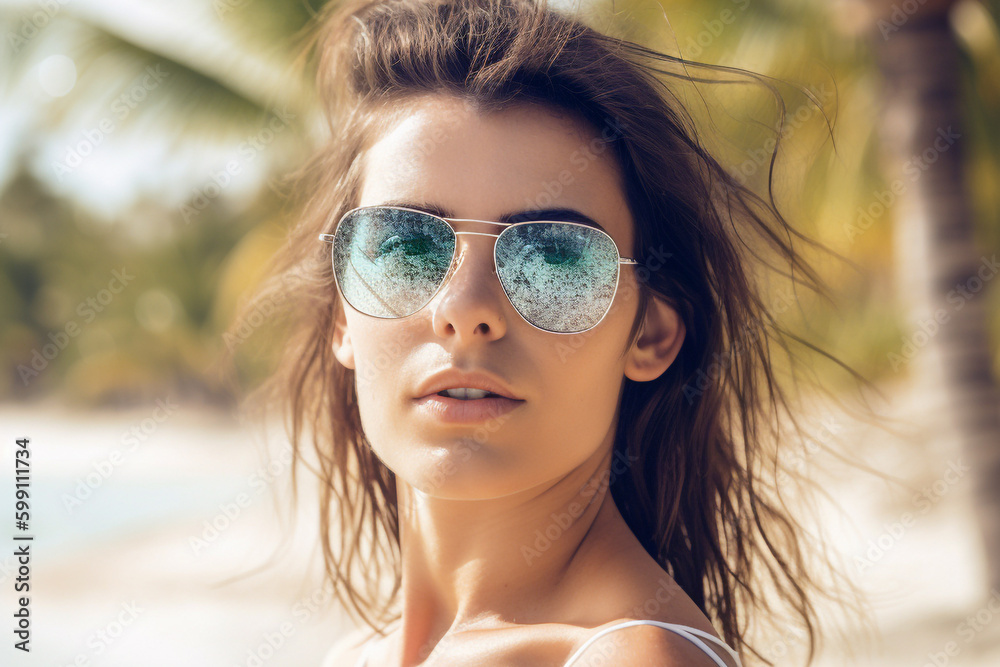 Portrait charming young woman model white skin in string bikini wearing ...