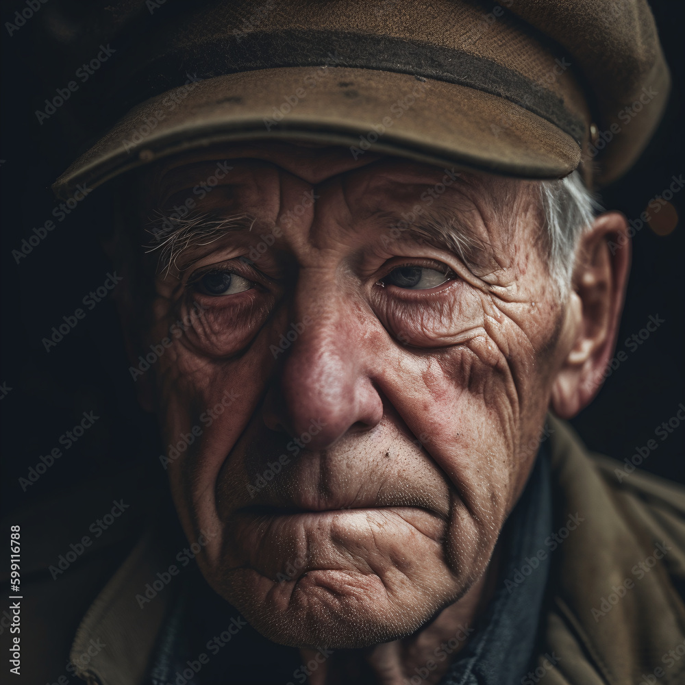 A close-up portrait of an old war veteran is a tribute to the bravery ...