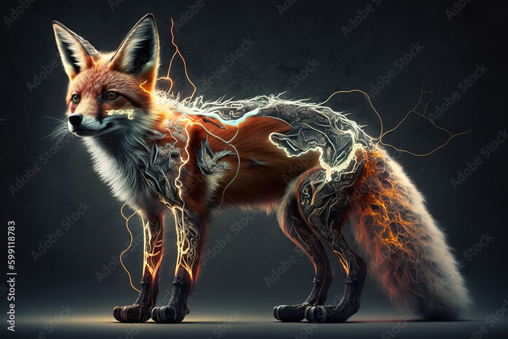 Image of fox with light that is in the digital world on a dark ...
