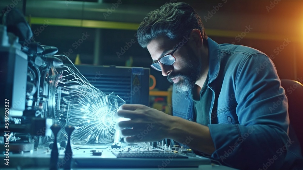 Standing with a laptop computer in a scientific technology lab, a ...