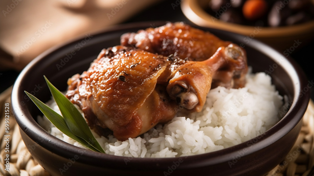 Filipino traditional chicken adobo with banana leaf decor on a wooden ...