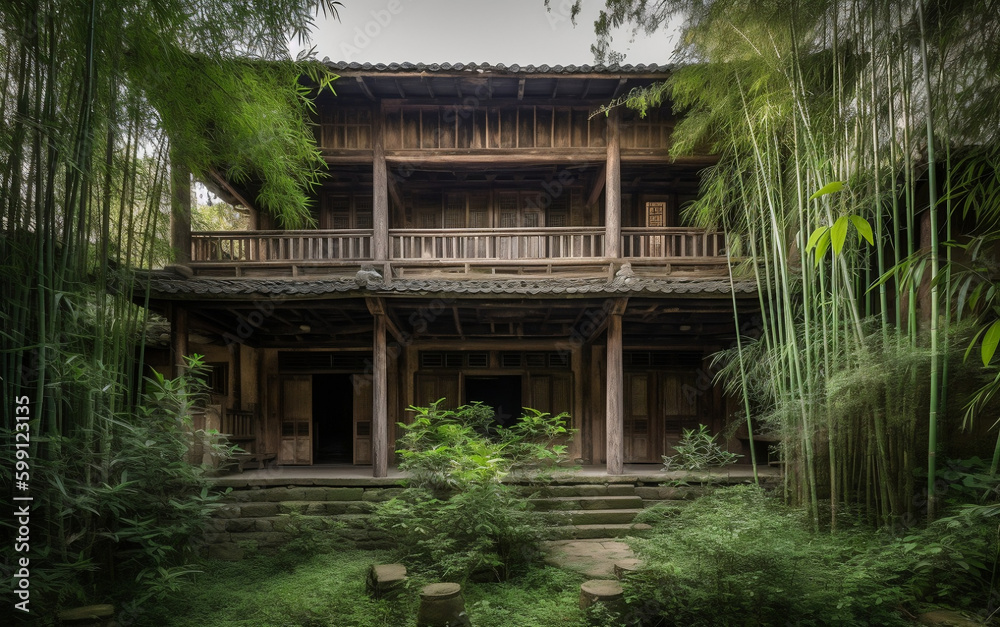 Bamboo house, two-story house, bamboo forest, Chinese-style (Generative ...