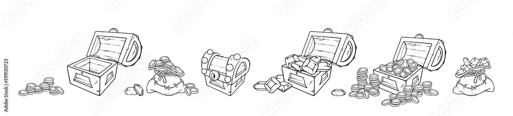 Treasure chest and bag. Chests with coins and gem stones, money bags ...