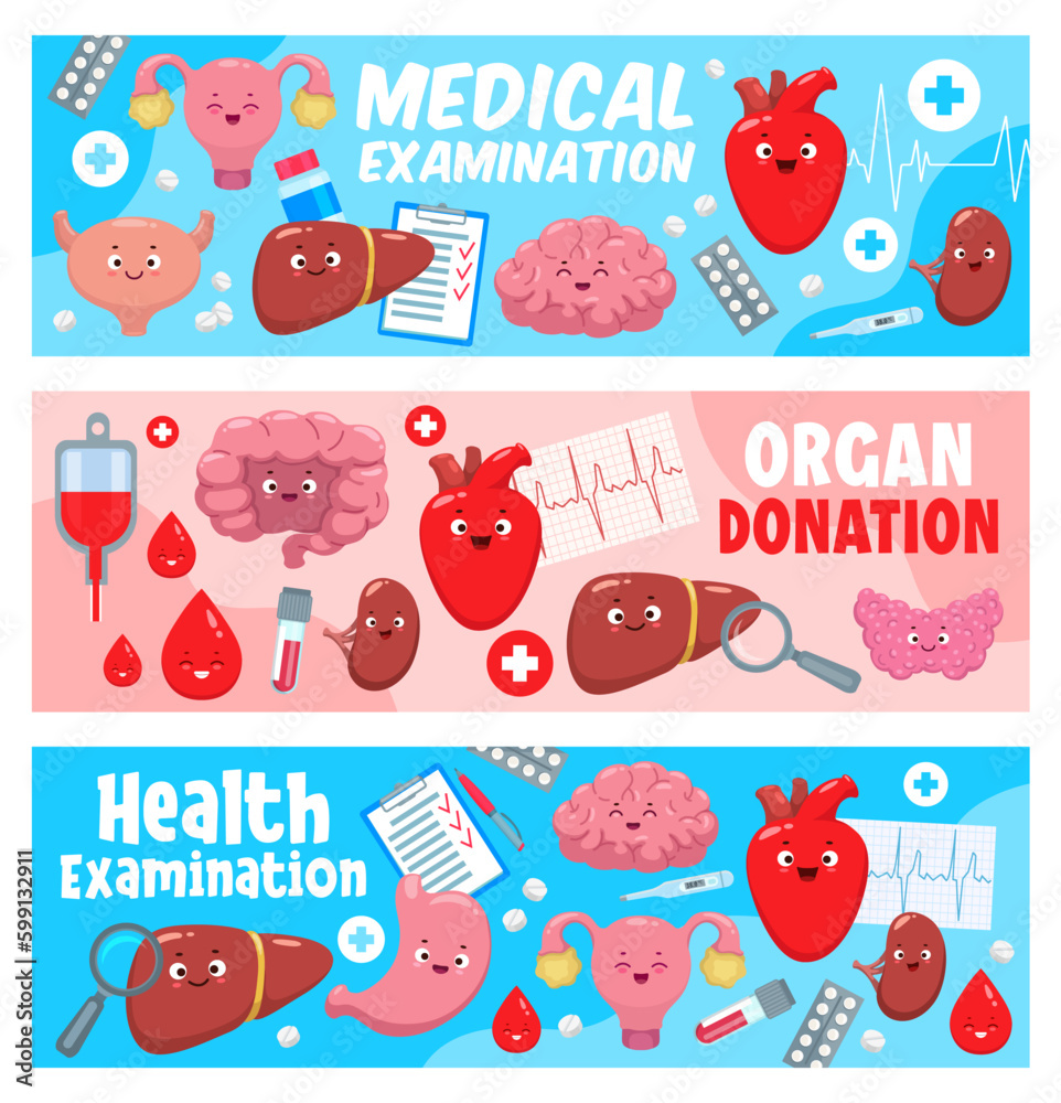 Cartoon body organ characters. Organ donation, treatment, medication ...