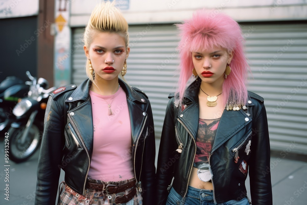 Portrait of two beautiful punk girls with colored dyed hair. Punk style ...