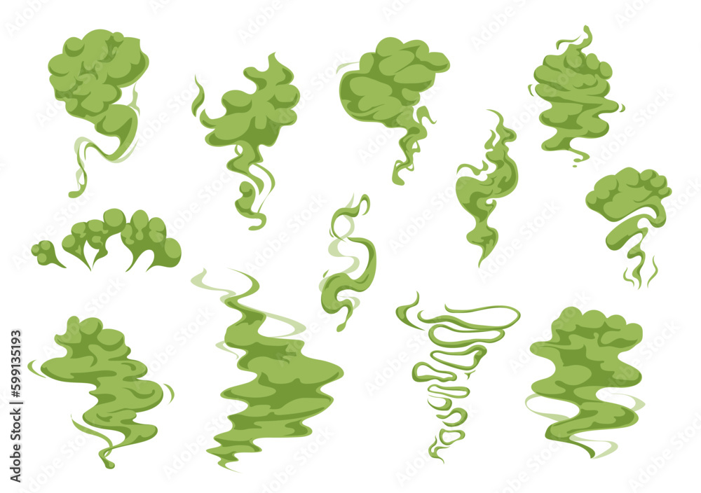 Cartoon green bad smell, stinky smoke clouds, and toxic steam. Vector ...